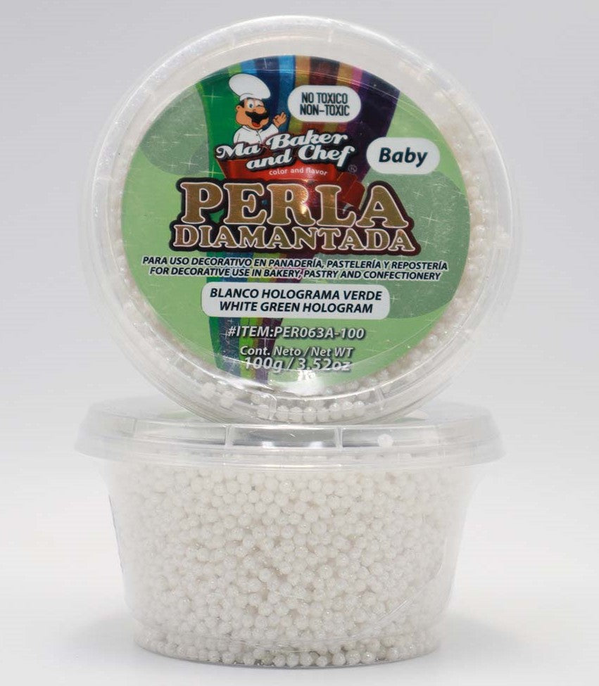 perla-diamantada-baby-100g-ma-baker-and-chef-blanco-holograma-verde – Distribuidora Del Pastelero